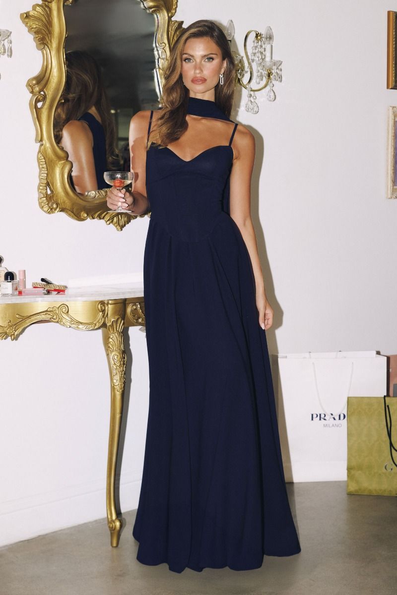 Amoris T711 Elegant Flowy Chiffon Gown with Neck Scarf – Mia Bella Couture