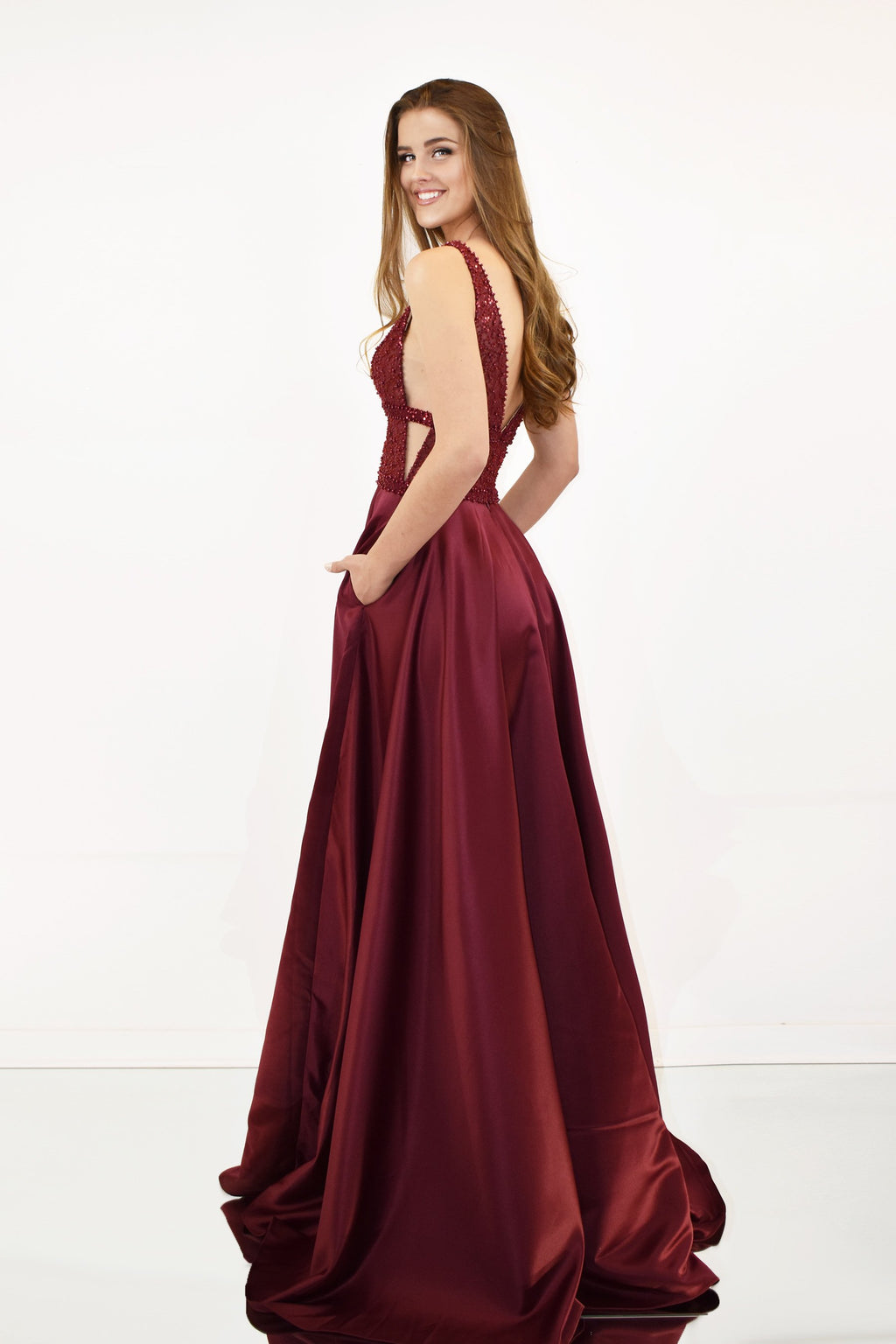 Morgan Gown burgundy satin A-line dress – Mia Bella Couture