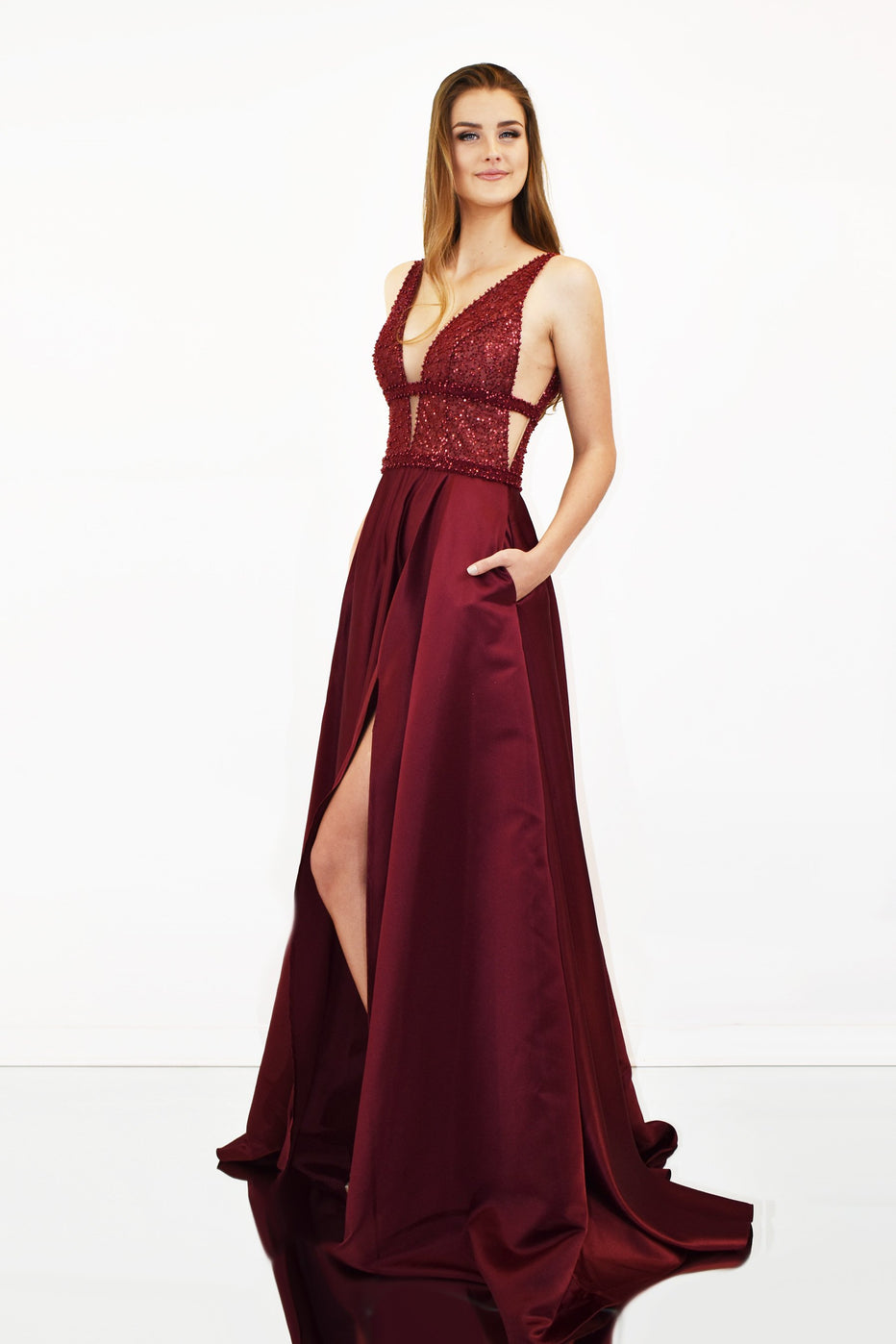 Morgan Gown burgundy satin A-line dress – Mia Bella Couture
